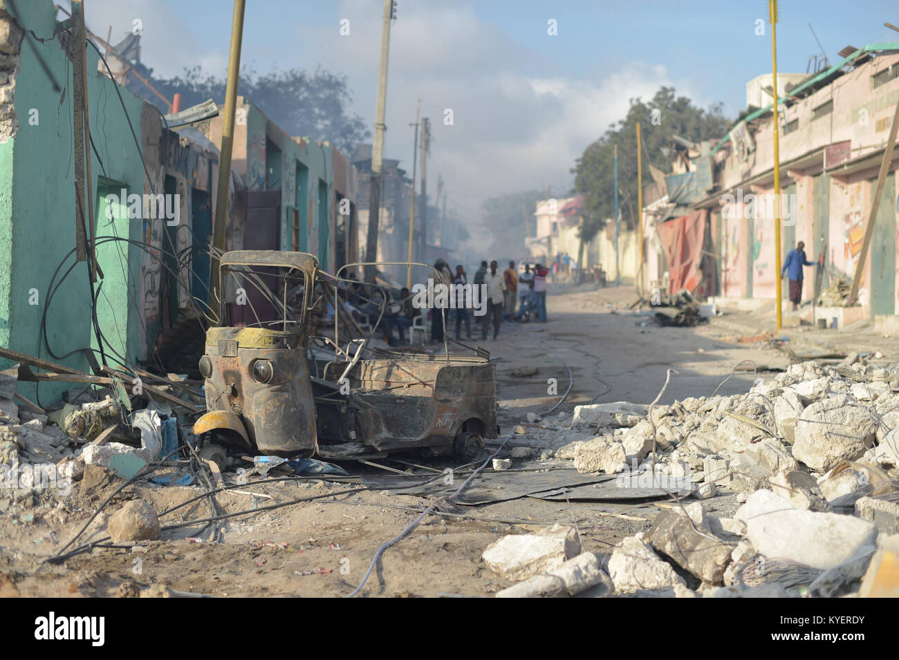 Wreckage of a vehicle at the site of a VBIED (Vehicle-Borne Improvised ...