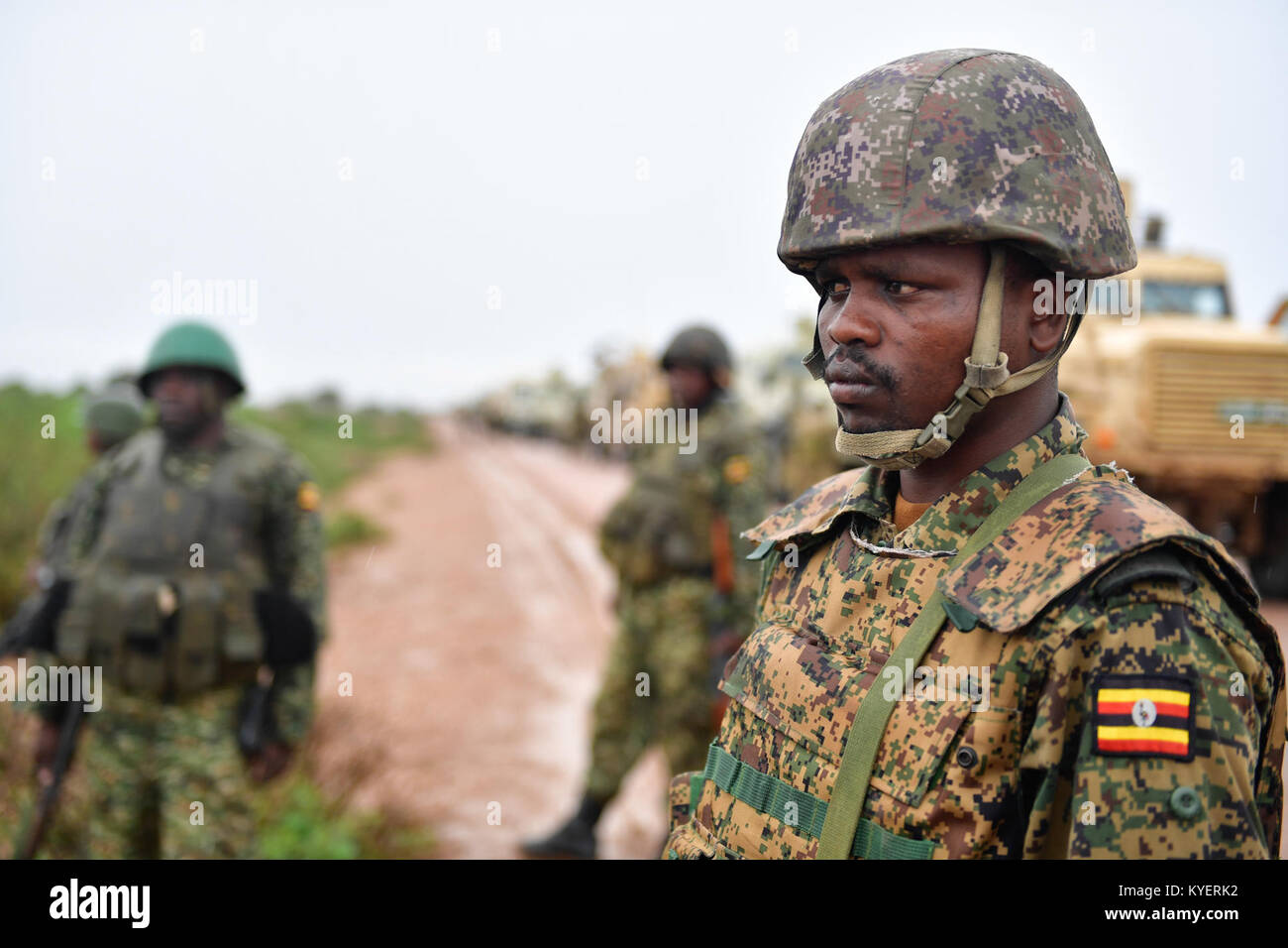 A photograph of a Ugandan soldier serving with the African Union ...