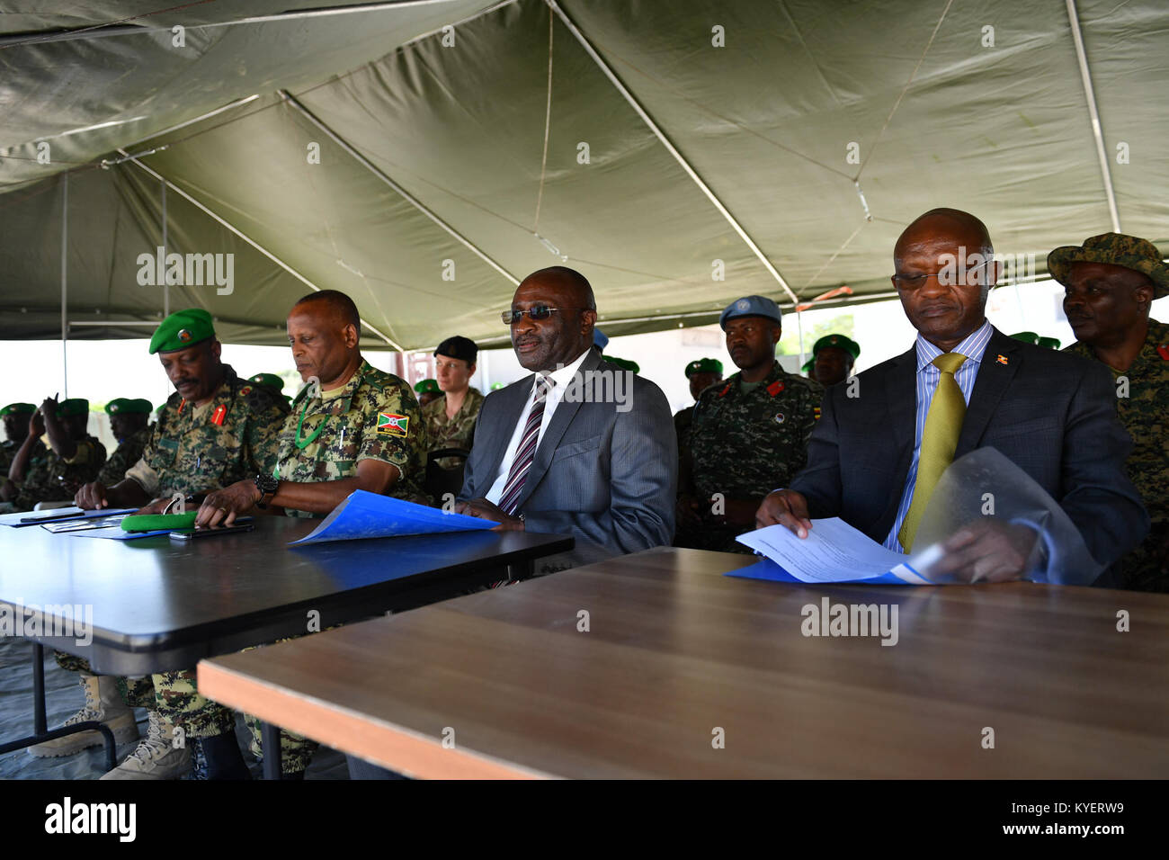 A photograph of the leadership of the African Union Mission in Somalia (AMISOM) during a medal ...