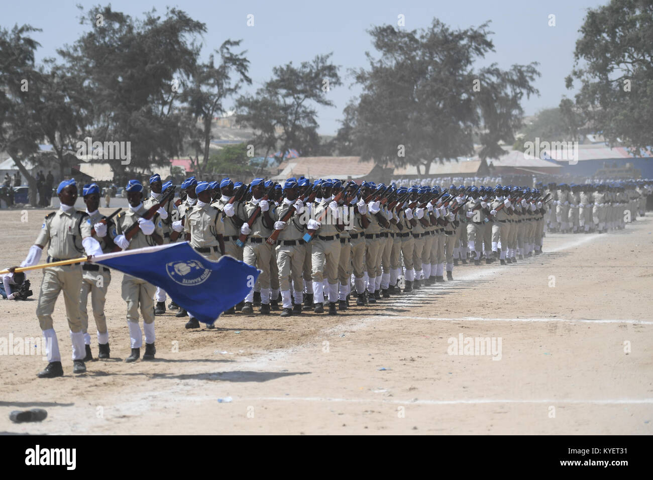 Somali police officers participate in a parade during the 74th ...