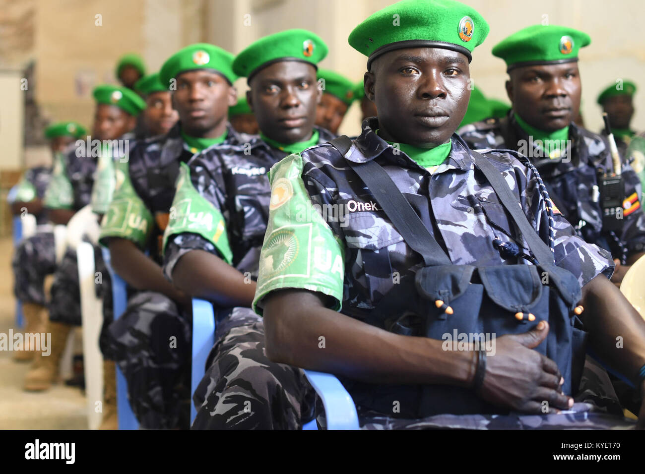 Ugandan Formed Police Unit officers attend a ceremony marking the ...