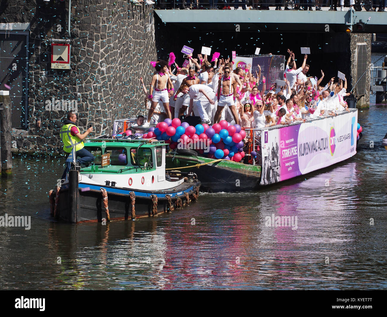 Photograph of Boat 7, 'OutTV', participating in the Canal Parade during Amsterdam Pride 2017 ...