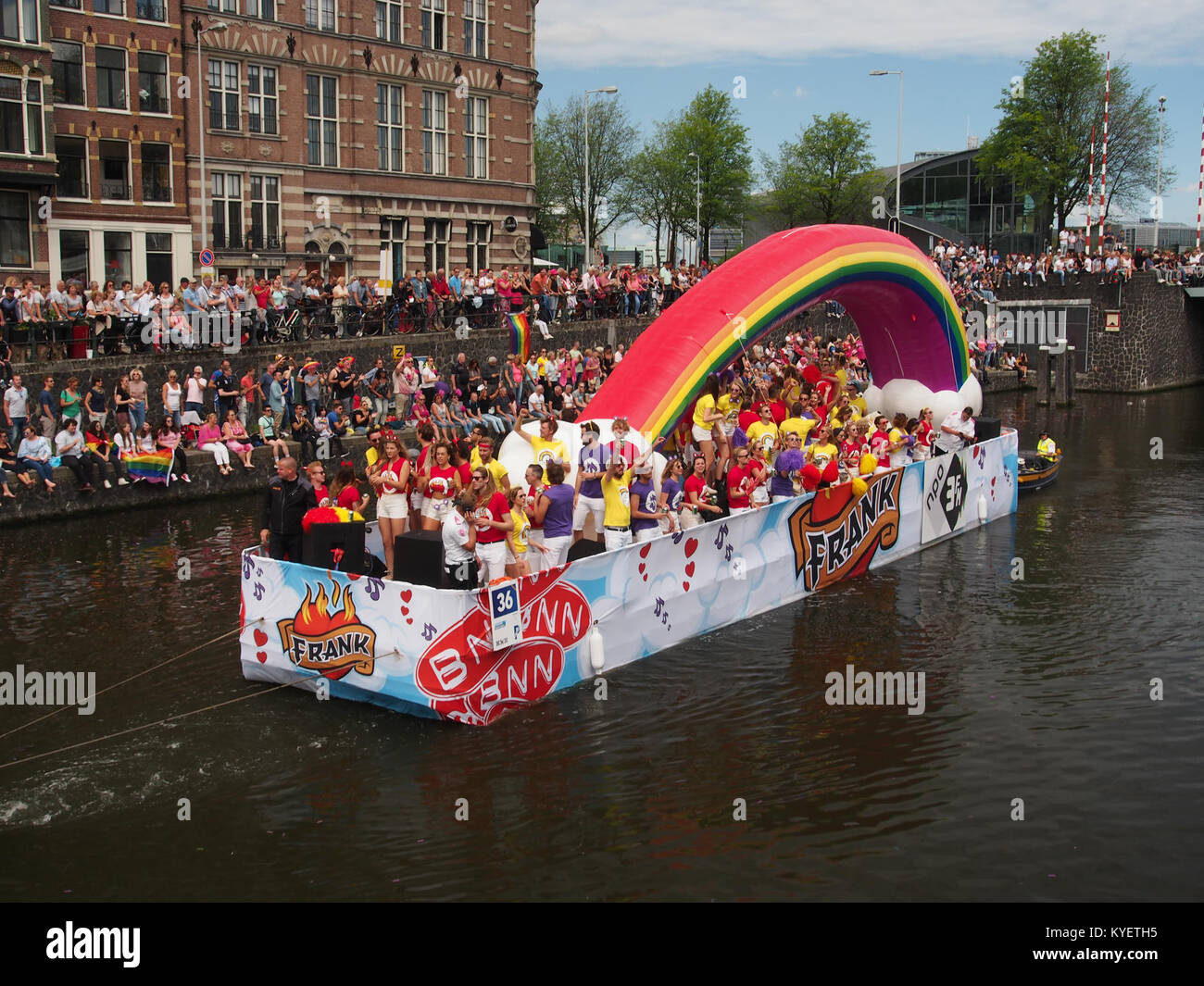 A photograph taken during the 2017 Canal Parade in Amsterdam, showing ...
