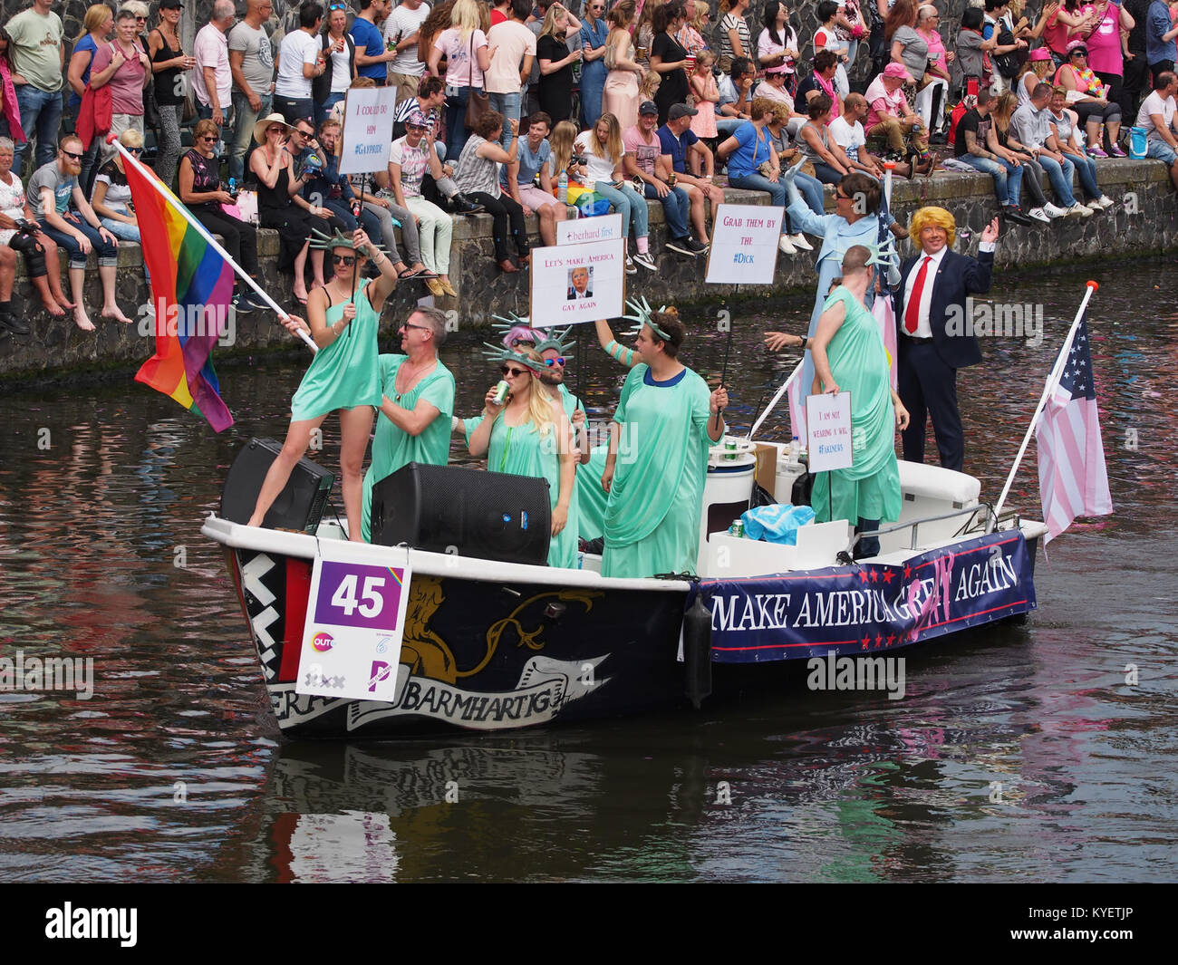 Boat 45, named Make America Gay Again, takes part in the Canal Parade ...