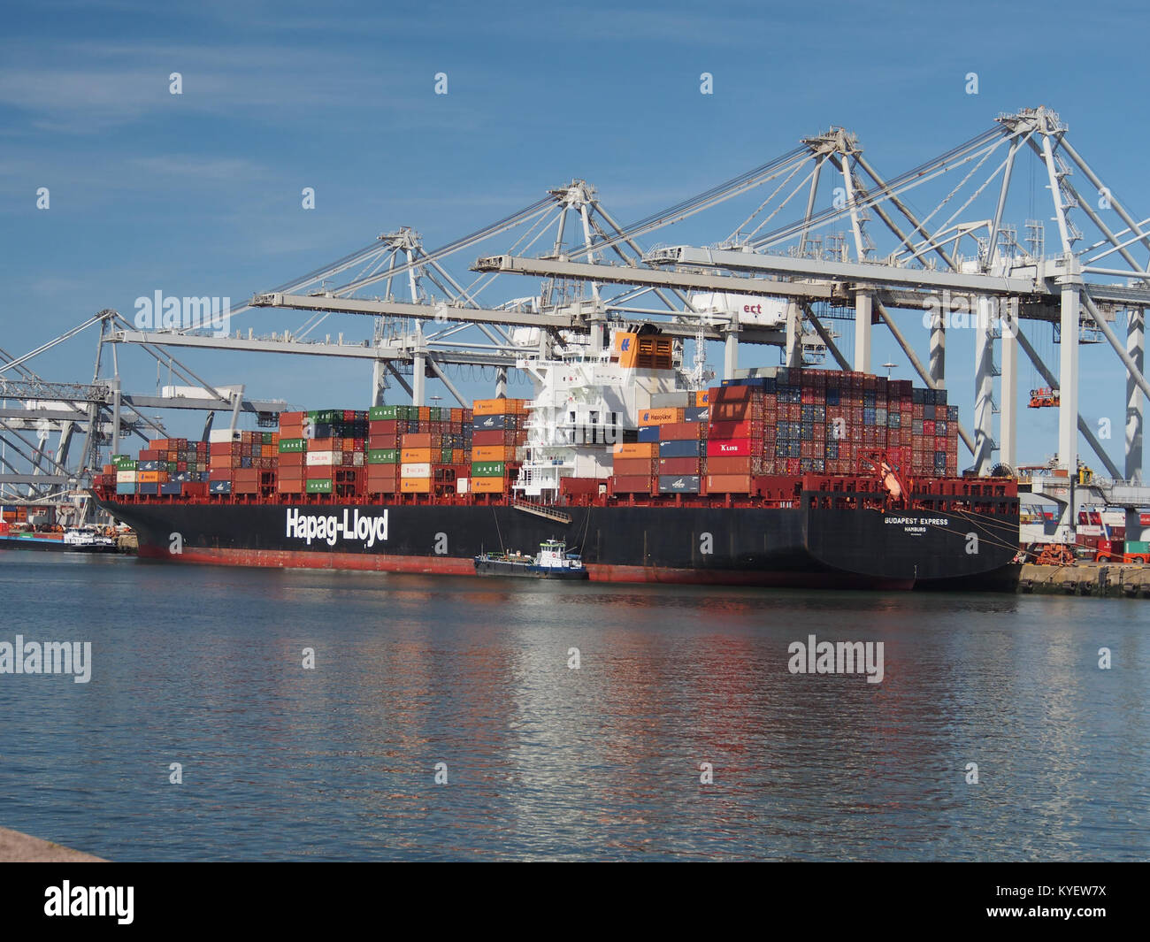 A photograph of the Budapest Express, a ship with IMO number 9450430 ...