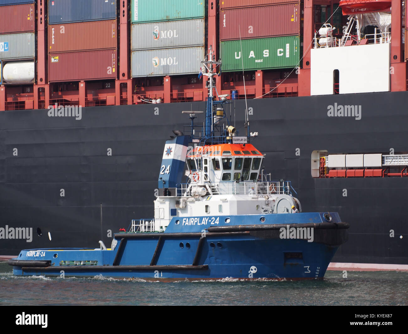 This image features the Fairplay-24 tugboat, a vessel built in 1998 ...
