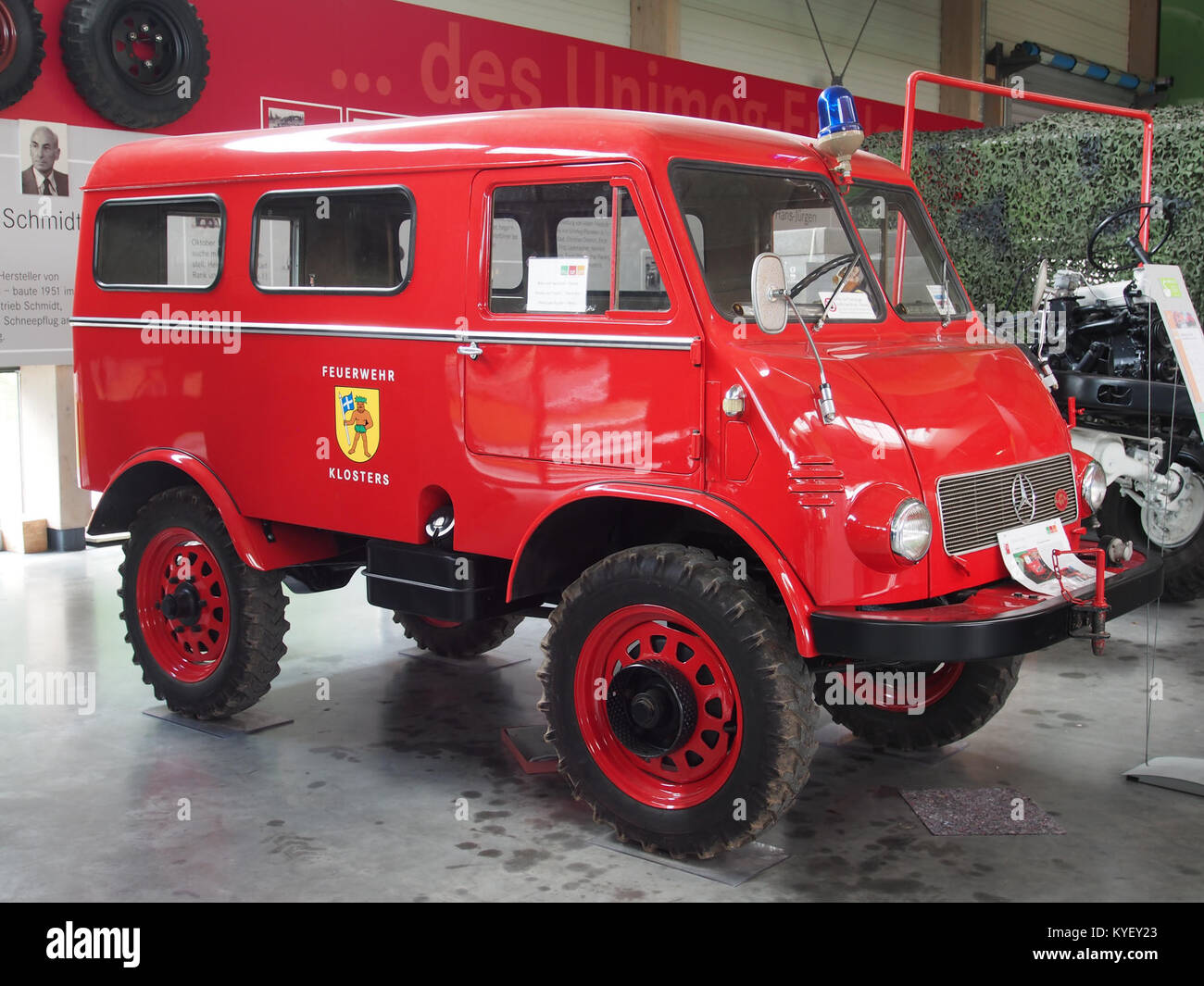 A photograph of the Unimog U 402, a fire truck used by the Klosters ...