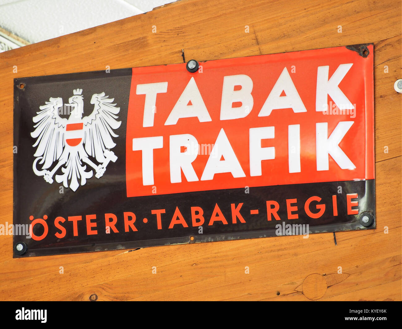 A vintage enamel sign for Tabak Trafik displayed at the Fahrzeugmuseum ...