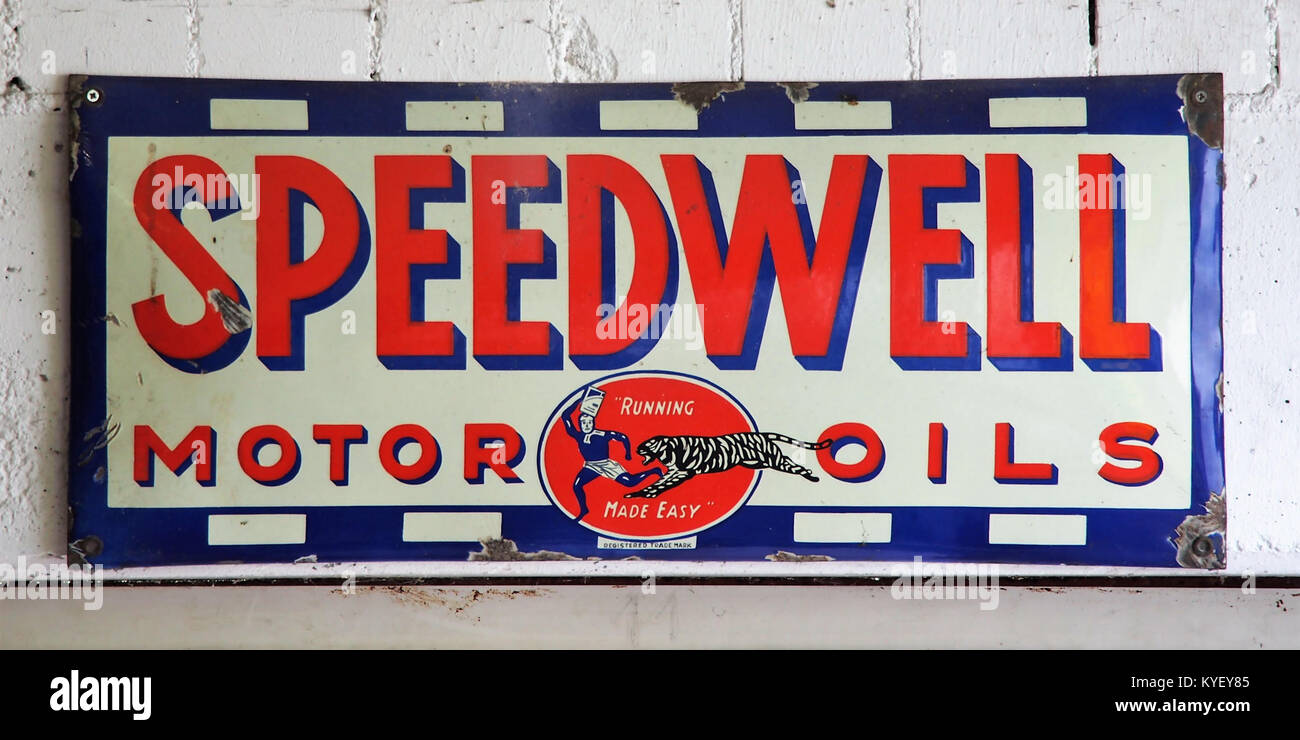Photograph of a vintage Speedwell Motor Oils enamel advertising sign ...