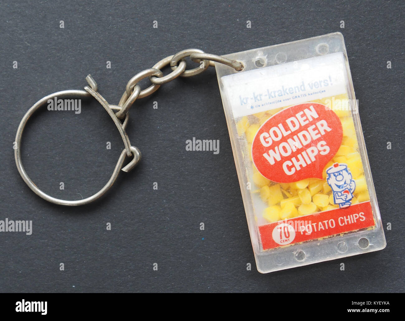 A promotional image of a Golden Wonder chips keychain. The keychain ...