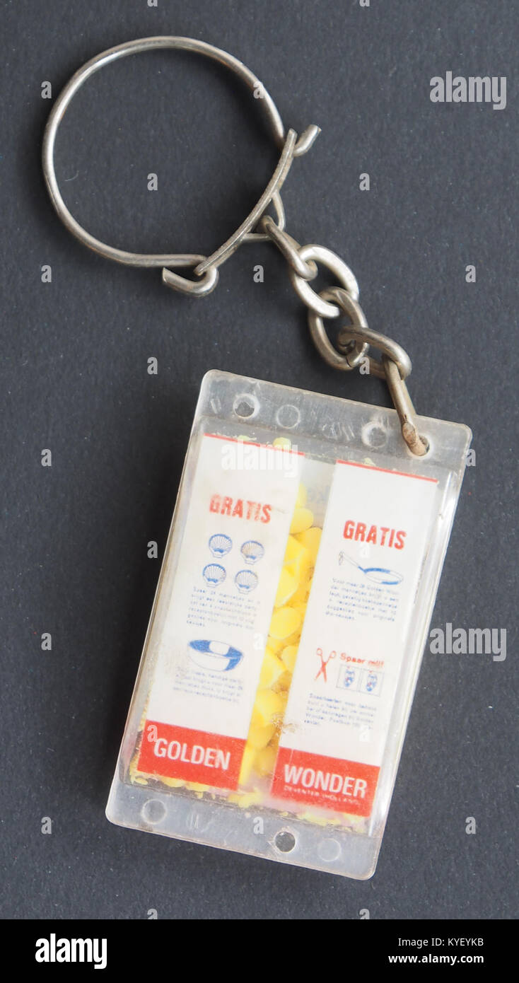 A close-up photograph of the back of a Golden Wonder chips keychain ...