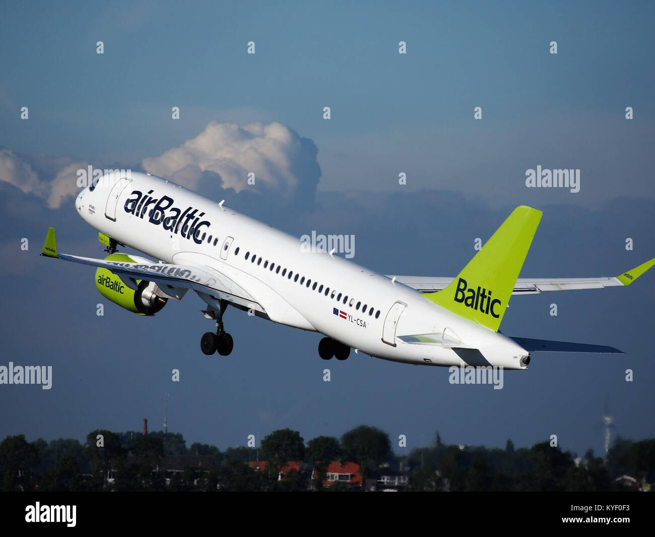 A photograph of an AirBaltic Bombardier CS300 aircraft taking off from ...