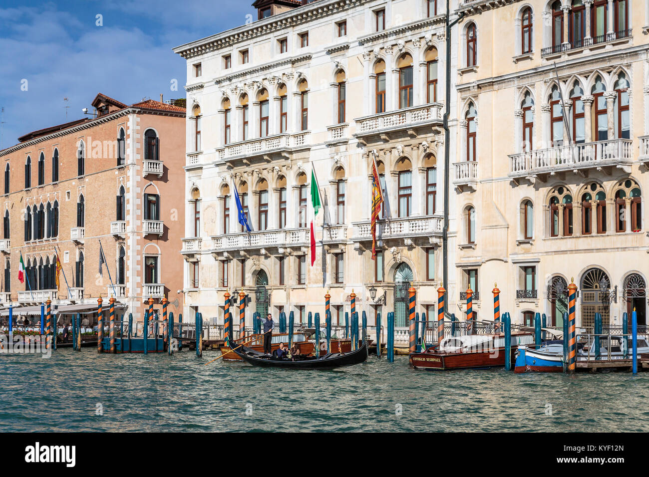 Canal side buildings and gondolas along the Grand Canal in Veneto ...