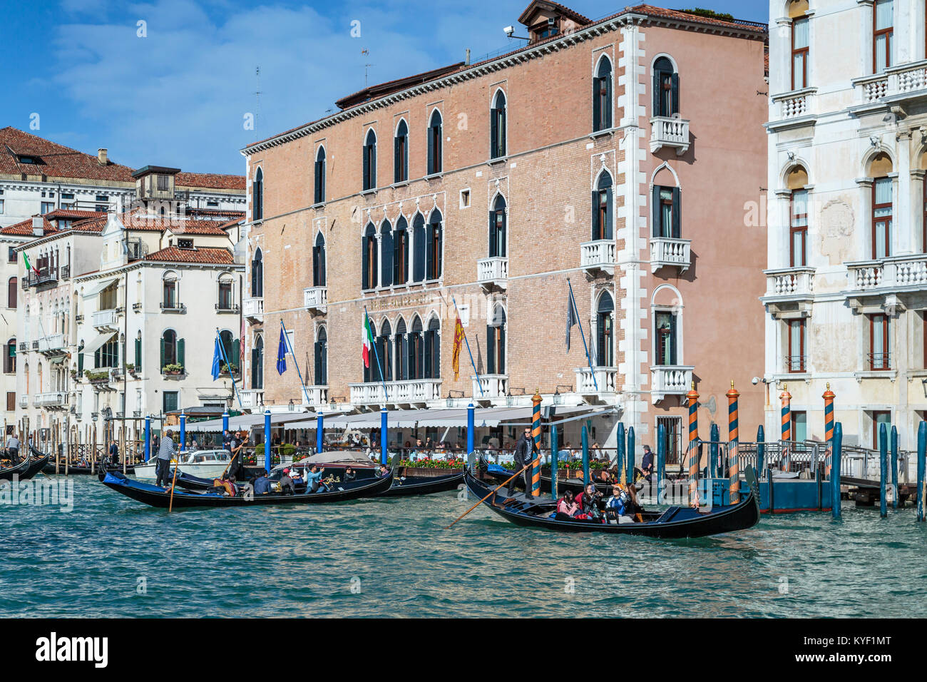 Canal side buildings and gondolas along the Grand Canal in Veneto ...