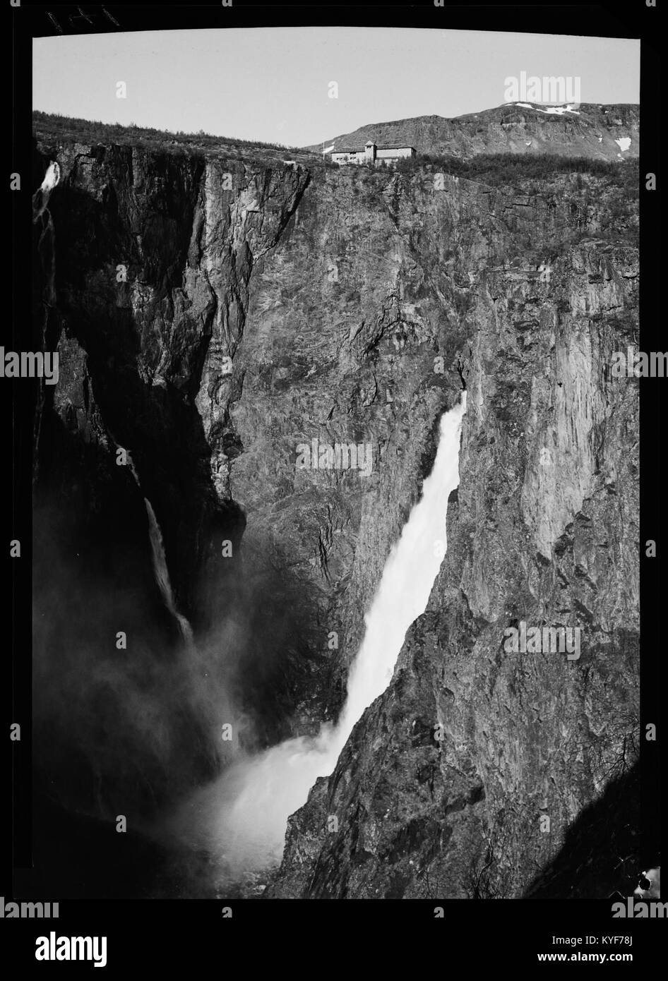A photograph of Vøringsfossen waterfall and Fossli Hotel in Norway ...