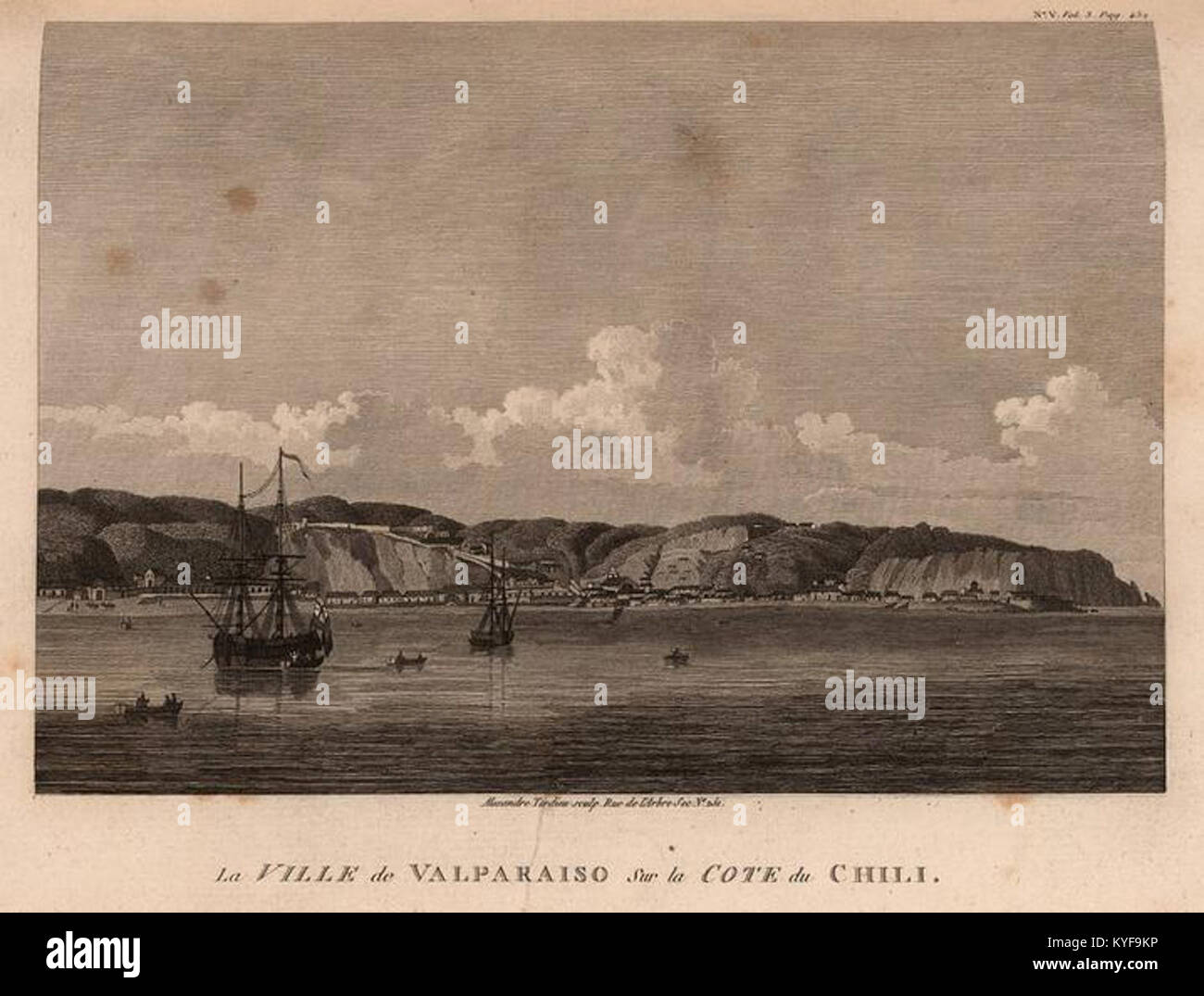 A historical view of Valparaíso, Chile, in the 1700s, depicting the ...