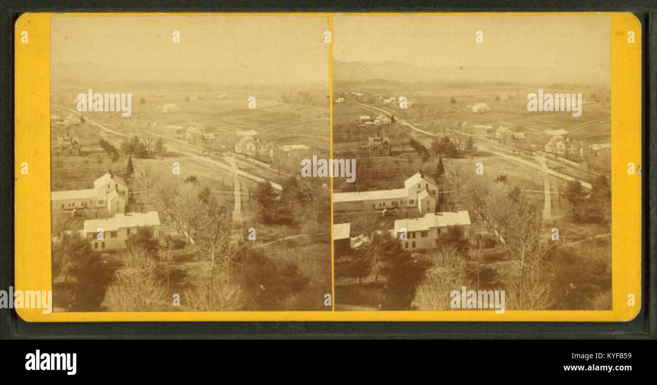A painting of Amherst College from a tower showing campus buildings ...