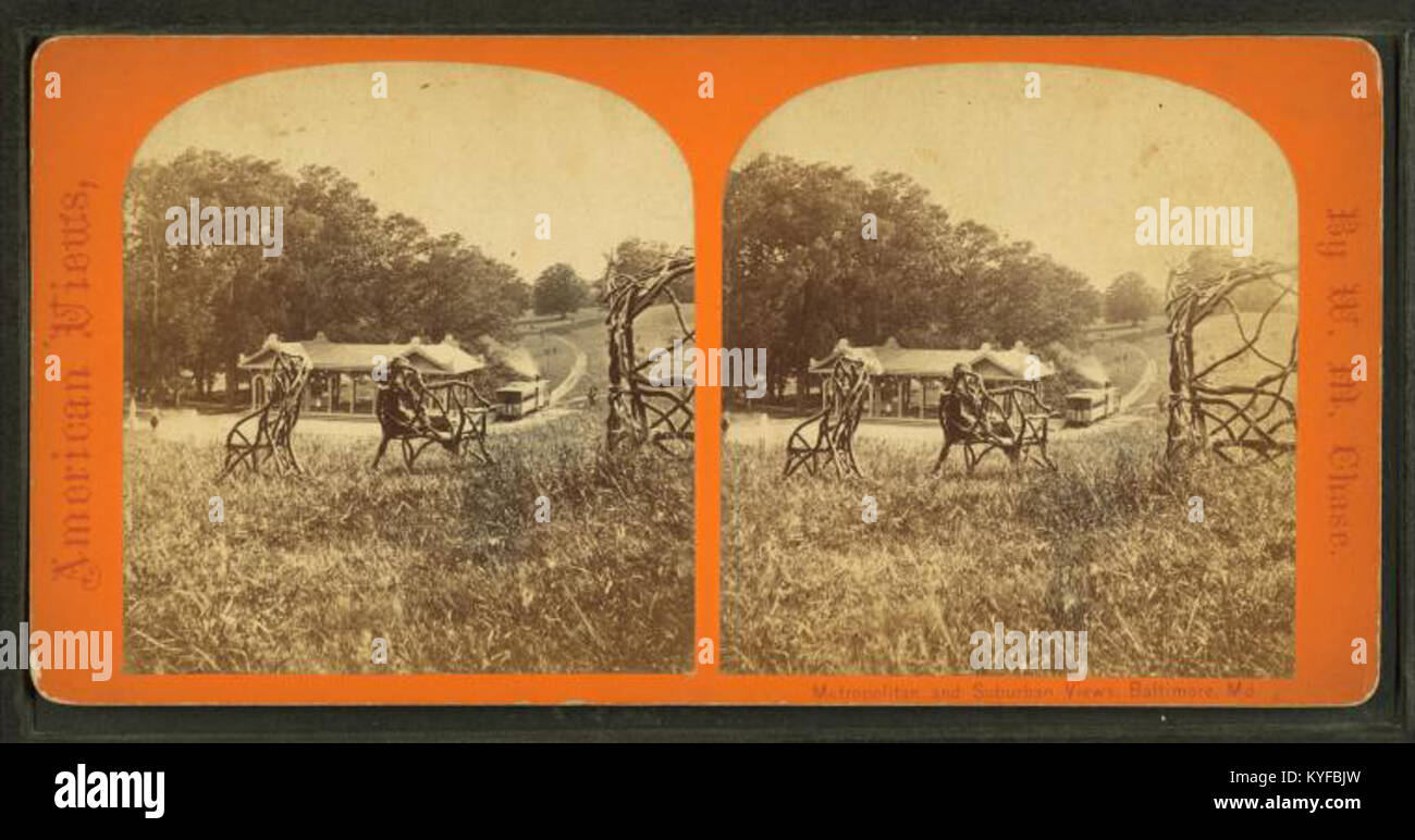 Historical photograph by William M. Chase depicting rustic benches in ...