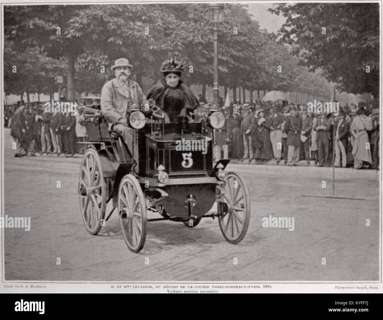 Émile Levassor's car at the Paris-Bordeaux-Paris race of 1895, marking ...