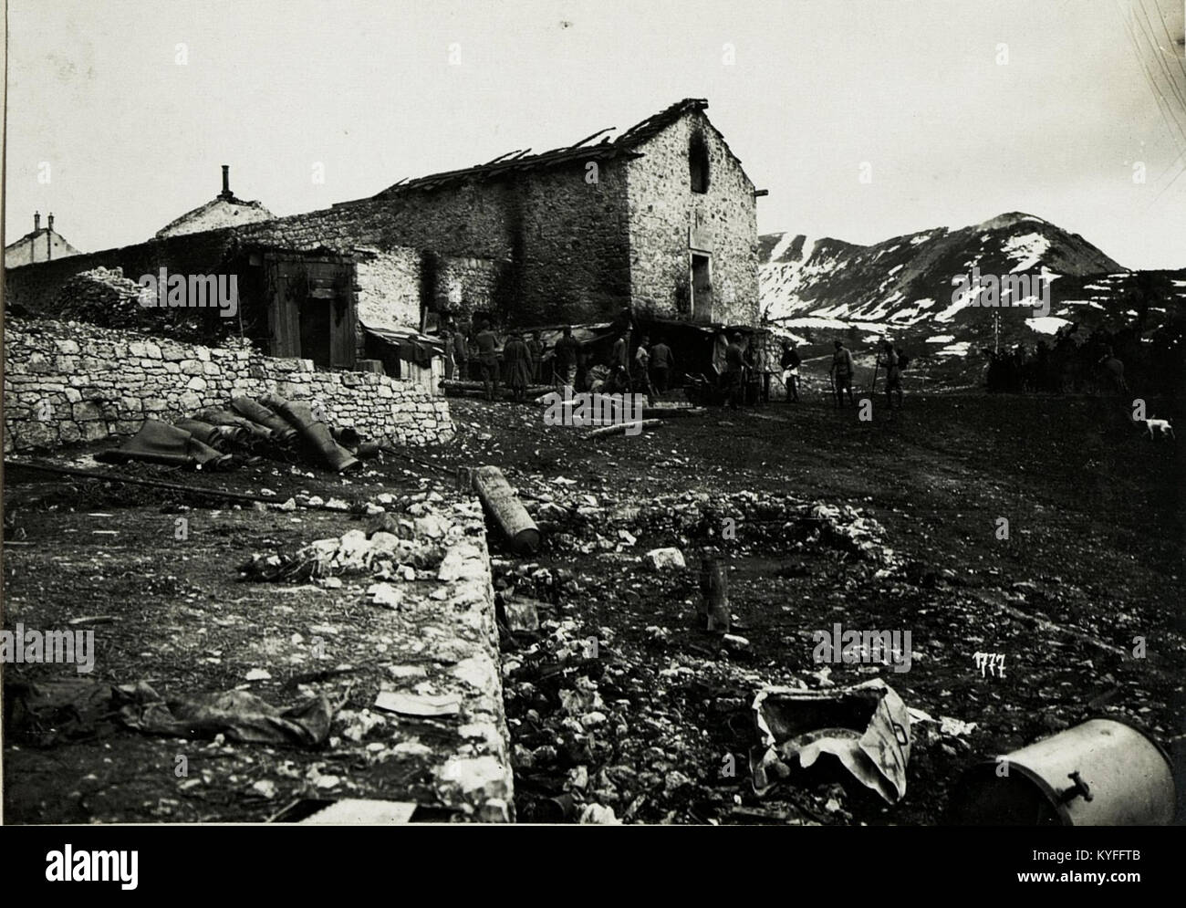 A photograph from the First World War showing a mountain hut destroyed ...