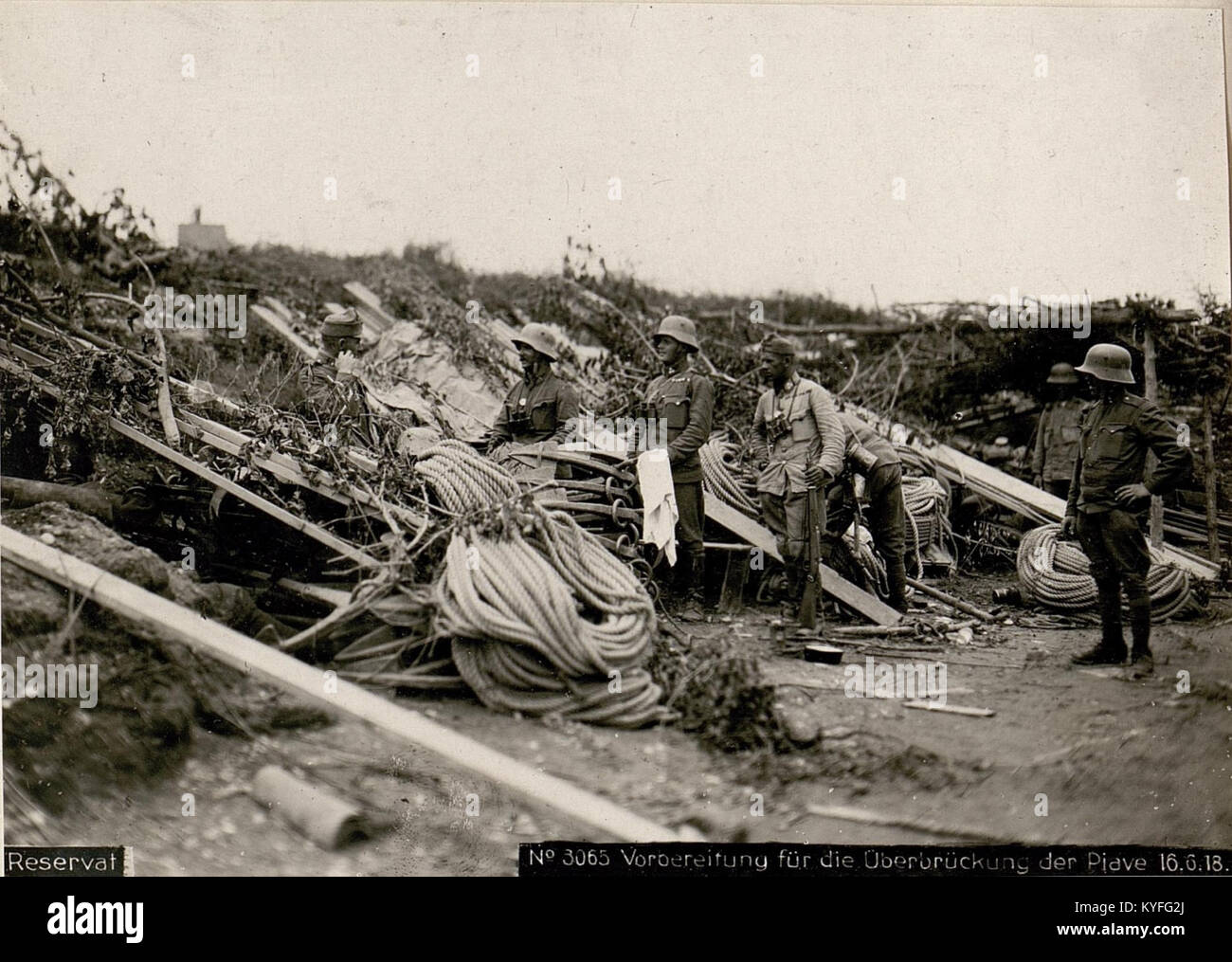 A 1918 World War I photograph showing preparations for bridging the ...