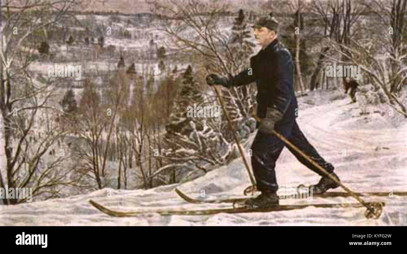 A 1937 painting by Isaak Brodsky depicting a skiing scene with Kliment ...