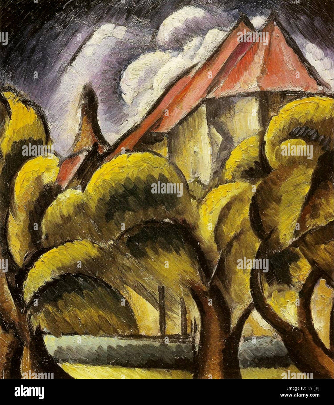 A landscape painting by Wasowicz depicting a rural scene with a church ...