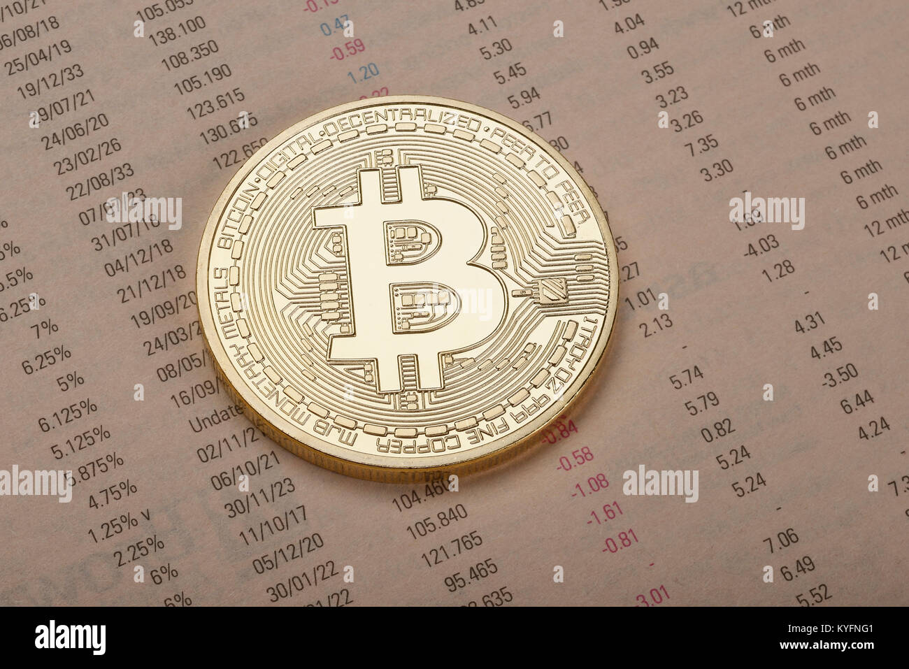 Gold coloured Bitcoin coin on financial numbers Stock Photo - Alamy