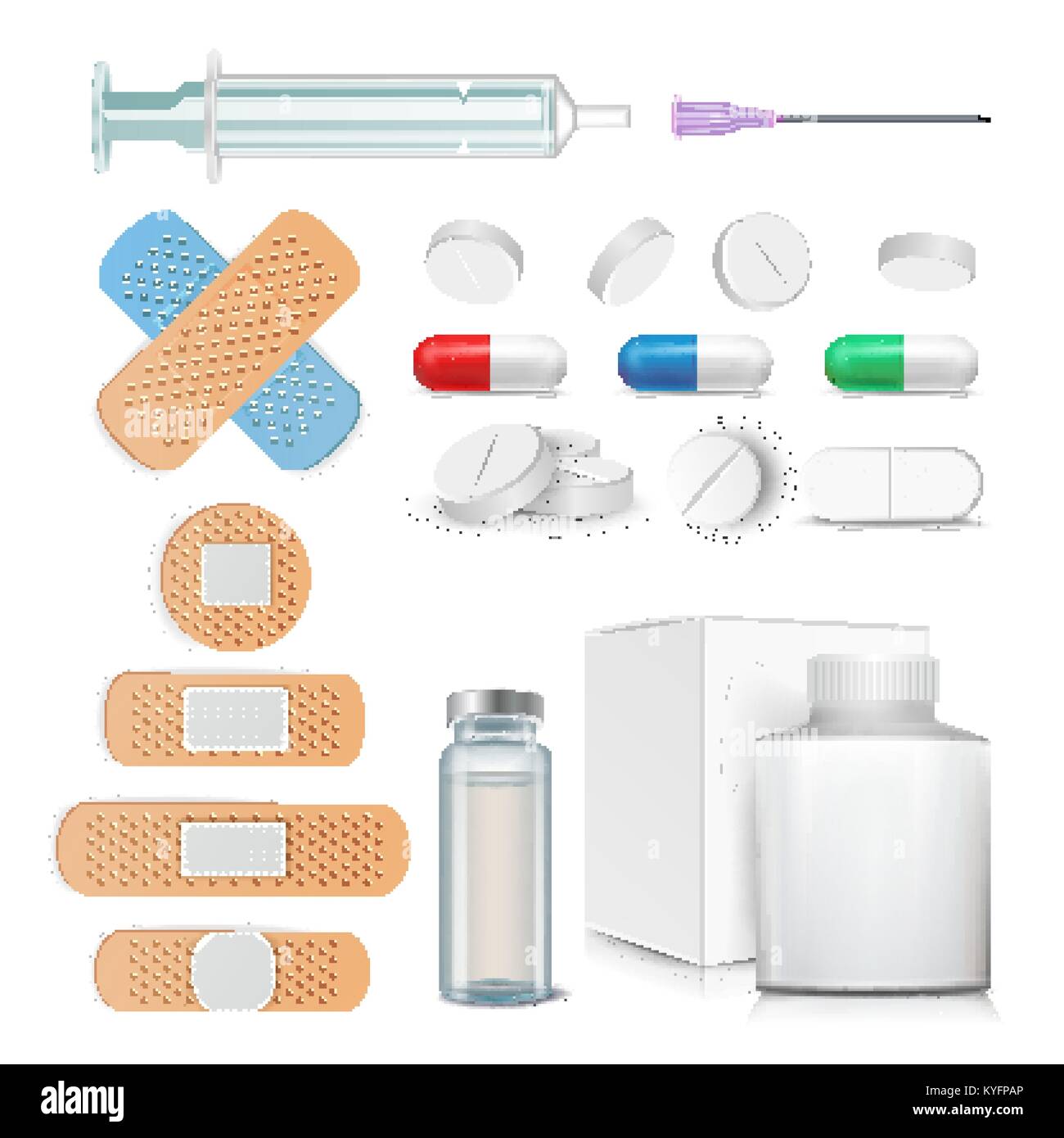 Medical Items Set Vector. Pills, Drugs, Ampoule, Syringe, Patch ...