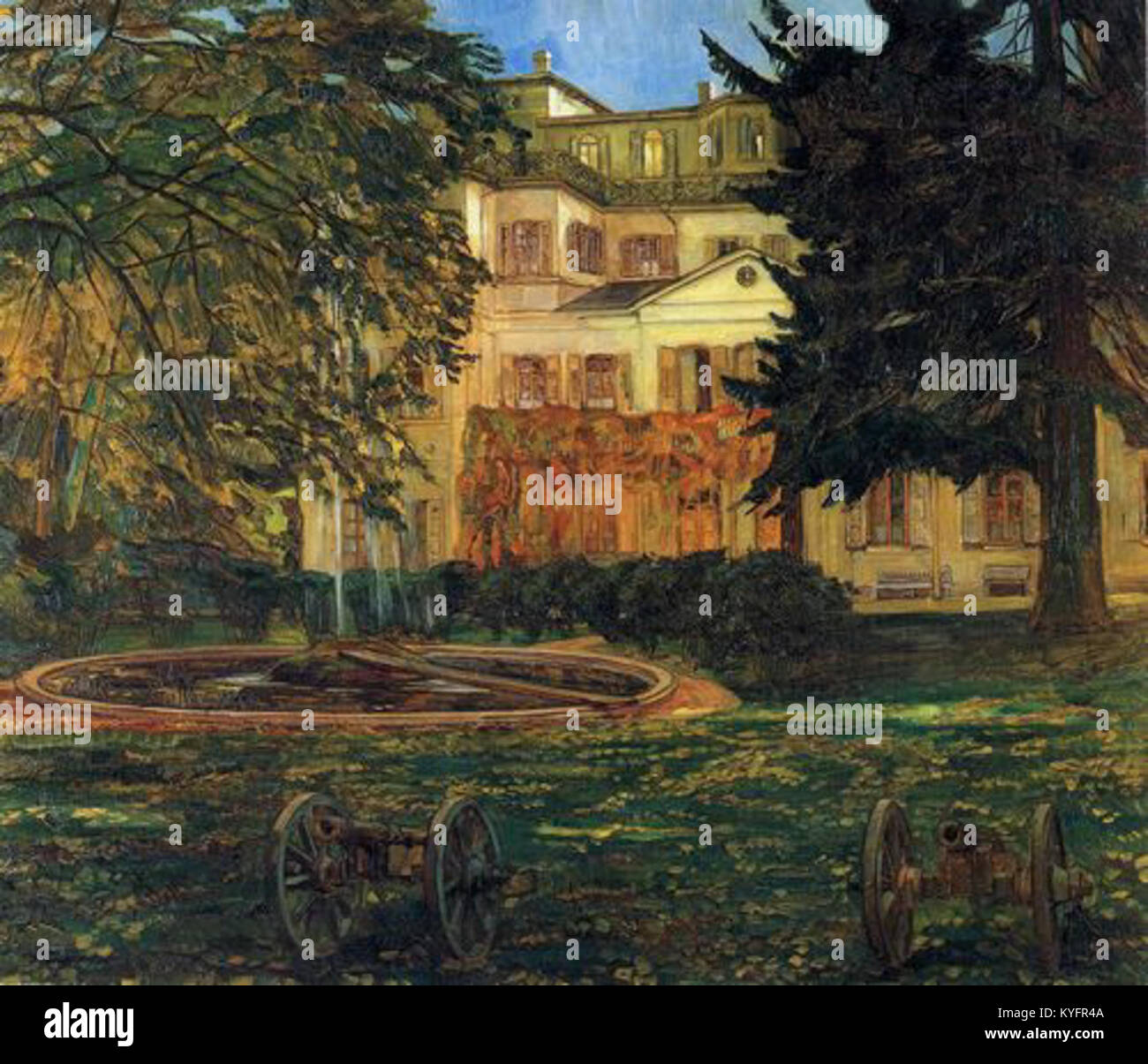 This artwork by Wilhelm Trübner depicts Schloss Hemsbach, a historic ...