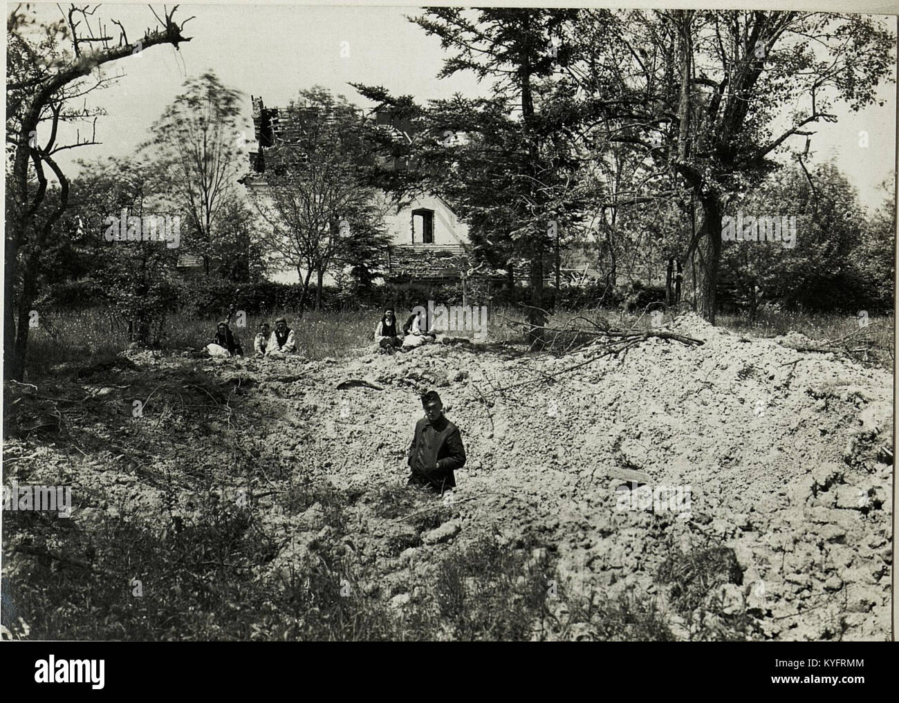 A historical image showing the impact of a 30.5 cm mortar on enemy ...