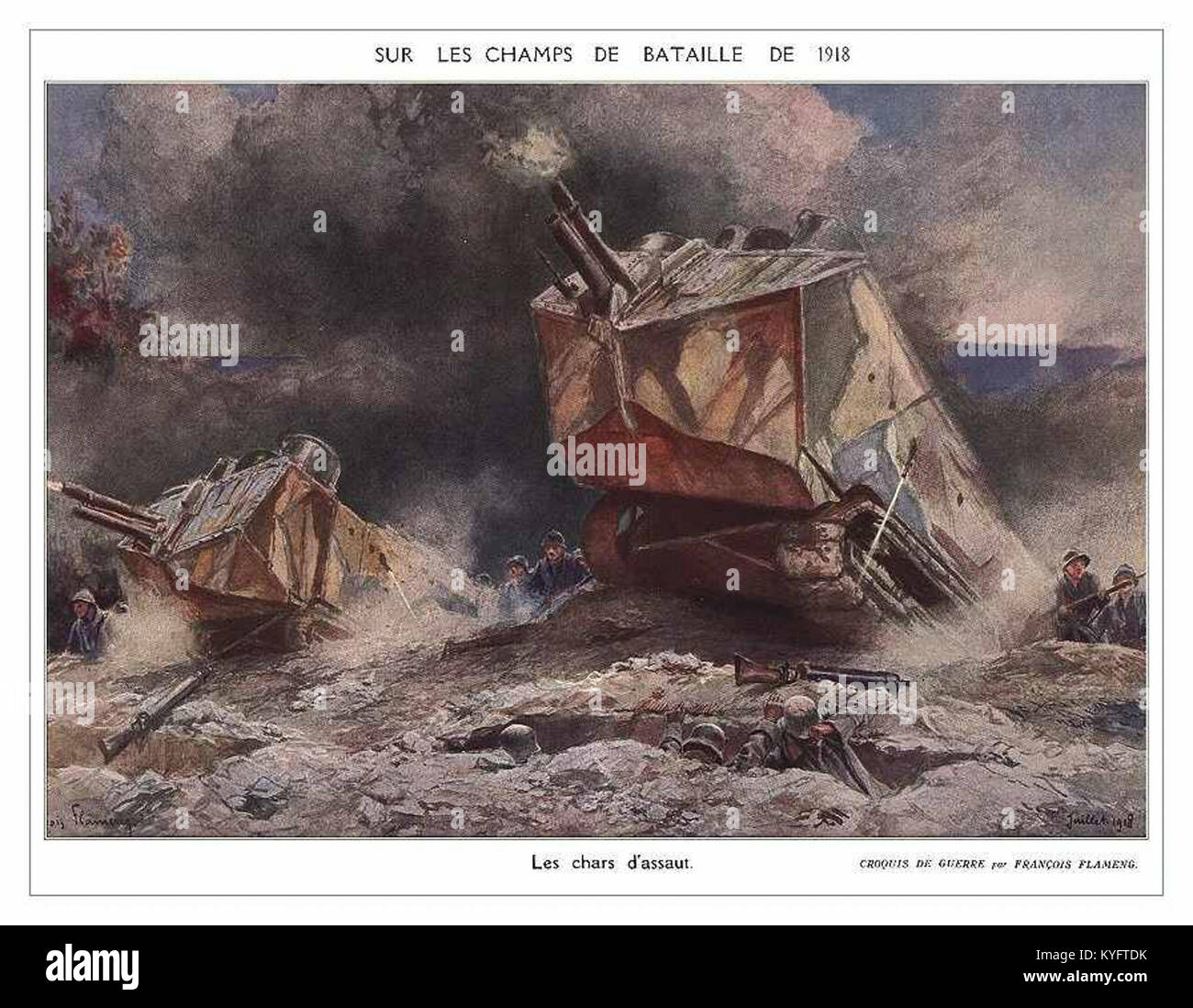 This image by François Flameng depicts a World War I tank, illustrating ...