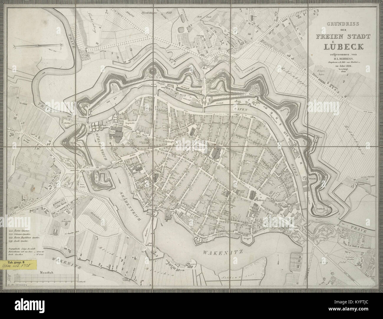 A map of Lübeck from 1840, produced by WP. The historical city plan ...