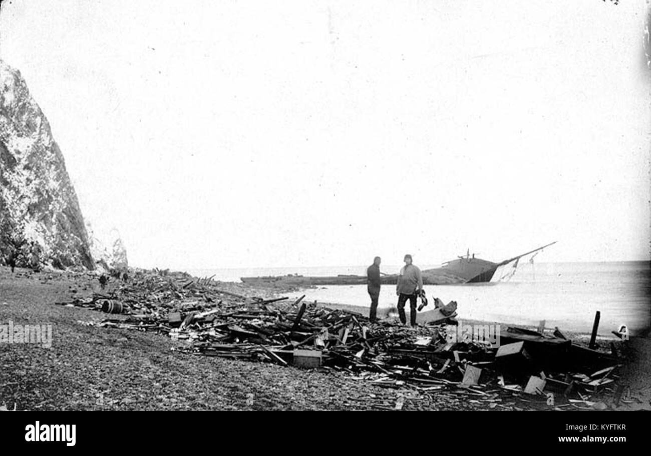 The wreck of the bark Servia on Karluk Beach, Alaska, occurred on ...