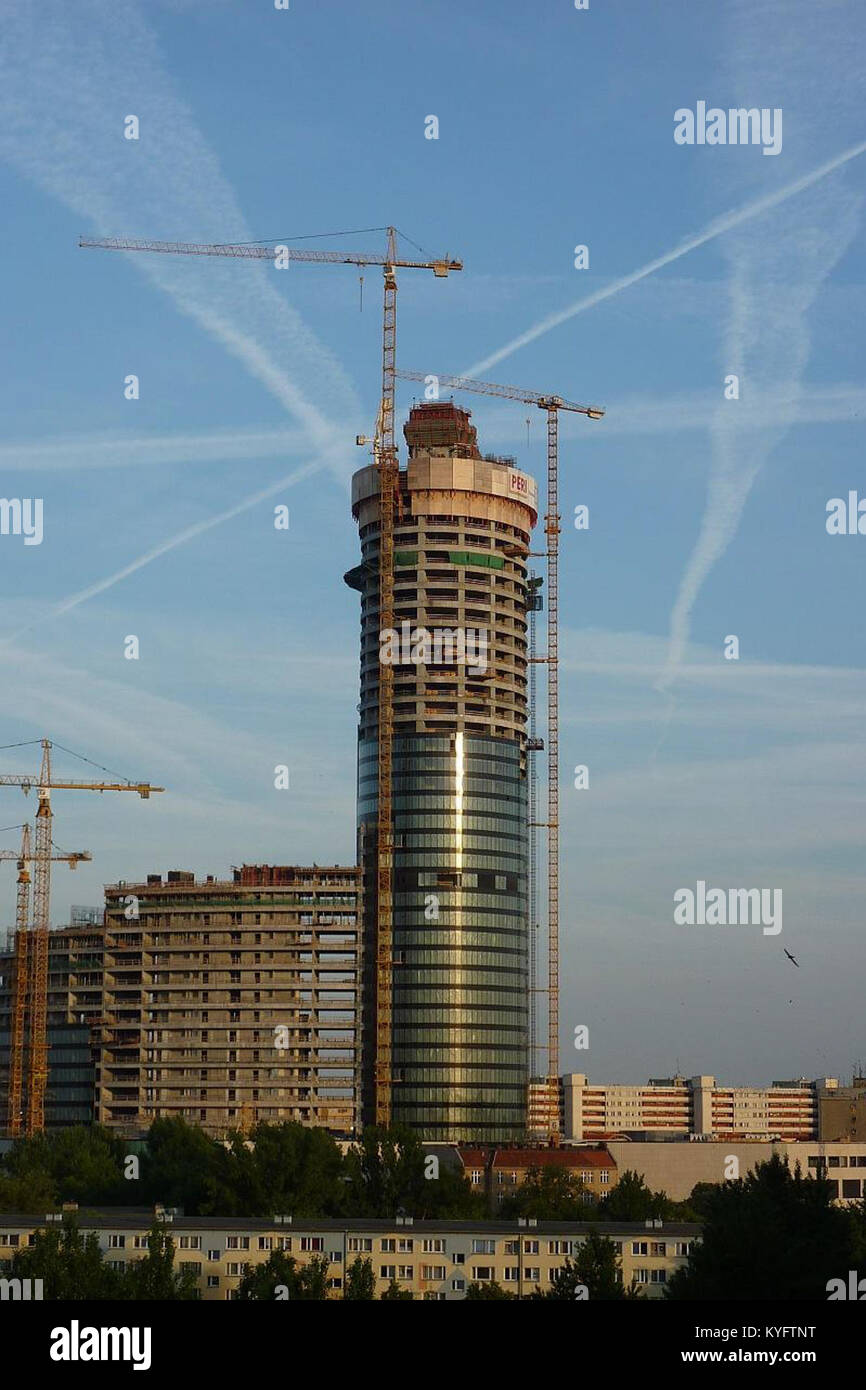 A photograph documenting the construction of the Sky Tower in Wroclaw ...