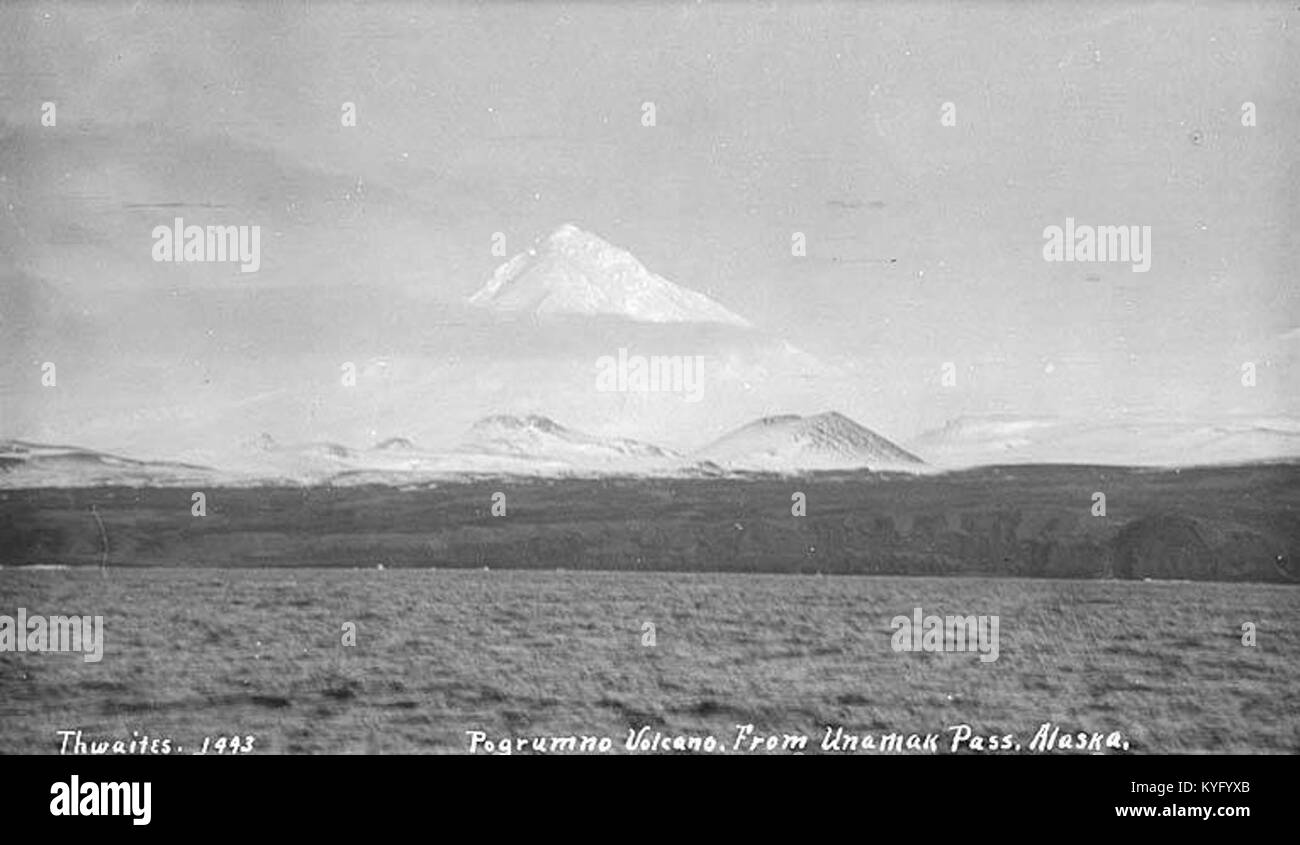 The photograph depicts Pogromni Volcano from Unimak Pass, Alaska, circa ...
