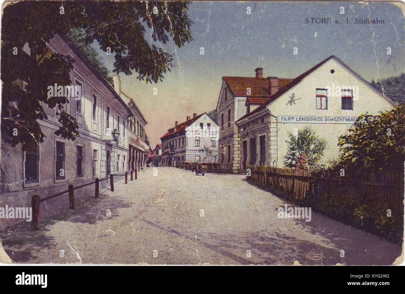 This 1910s postcard depicts Štore, a town in central Slovenia. The ...