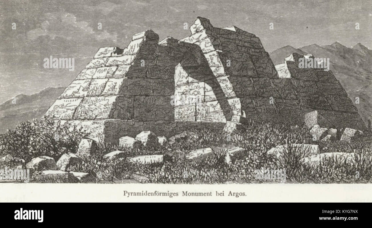 A pyramid-shaped monument near Argos, Greece, documented in 1887 by ...