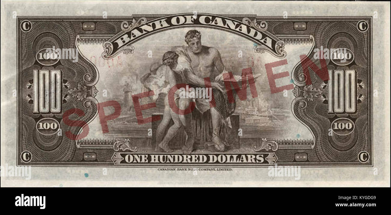 This image shows the reverse side of the 1935 Canadian $100 banknote ...