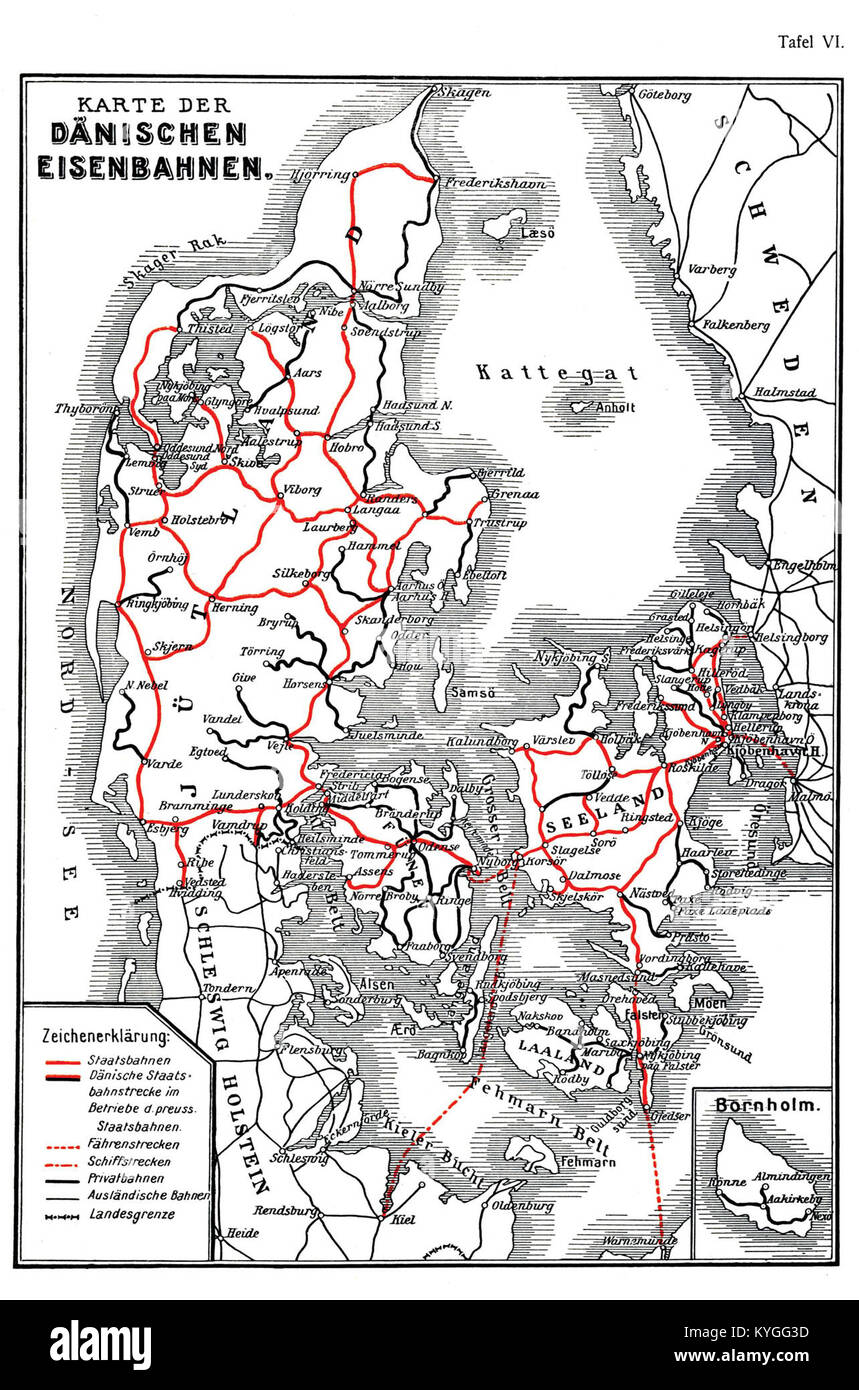 A 1912 map of the Danish railways, illustrating the rail network across ...