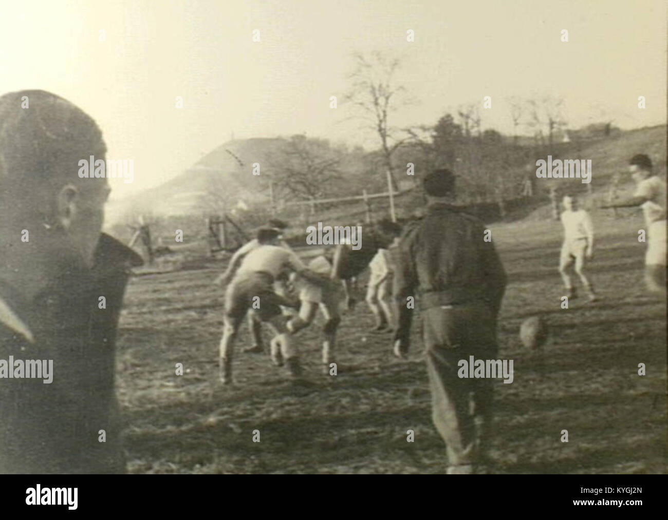 This image shows a rugby match at Stalag XVIII-D, a World War II German ...