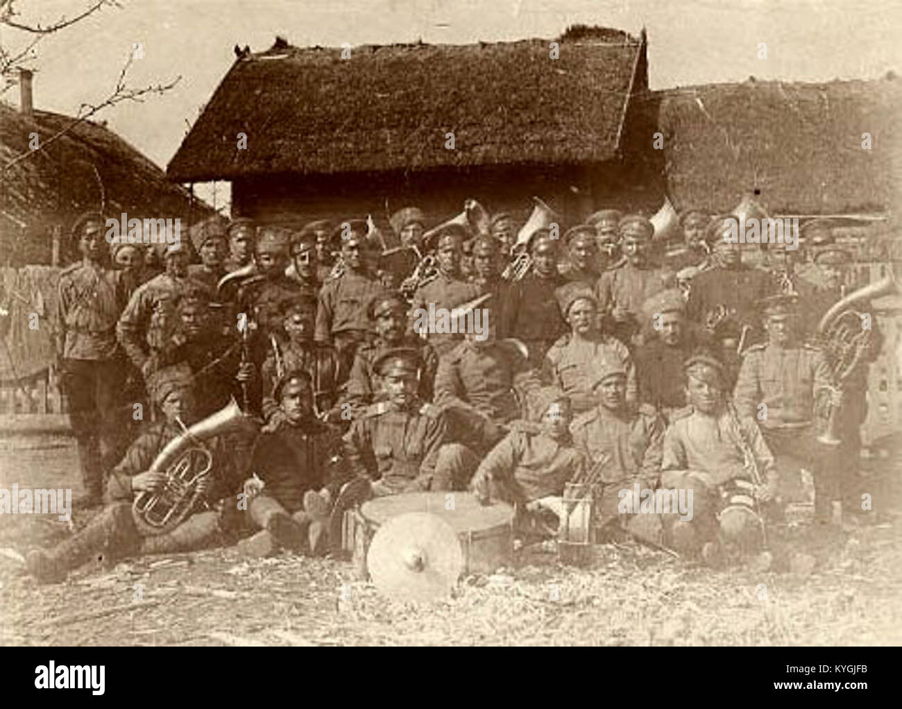 A 1916 photograph of a Russian band, capturing musicians in uniform ...