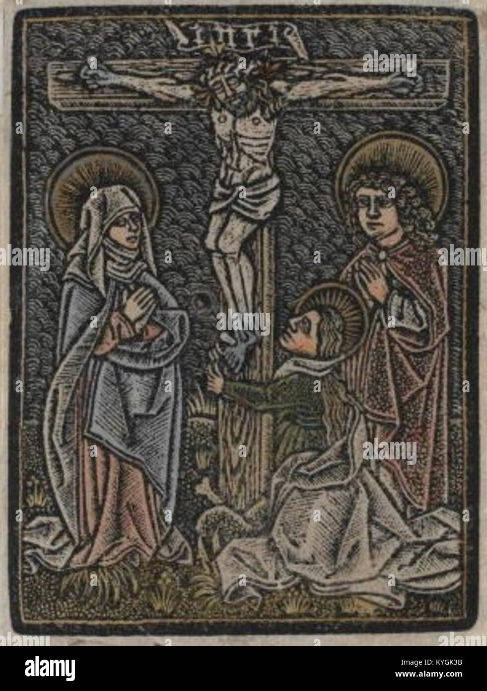 A religious artwork titled 'Ukrizovani,' depicting Christ crucified with the Virgin Mary, Saint ...