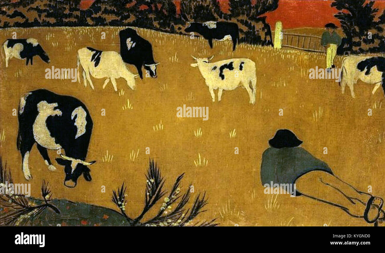 This artwork depicts two cattlemen standing on a meadow, reflecting ...