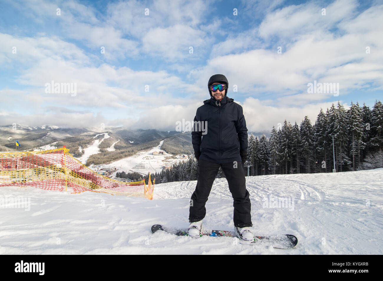 Snowboarder ride sliding down the hill mountains Stock Photo - Alamy