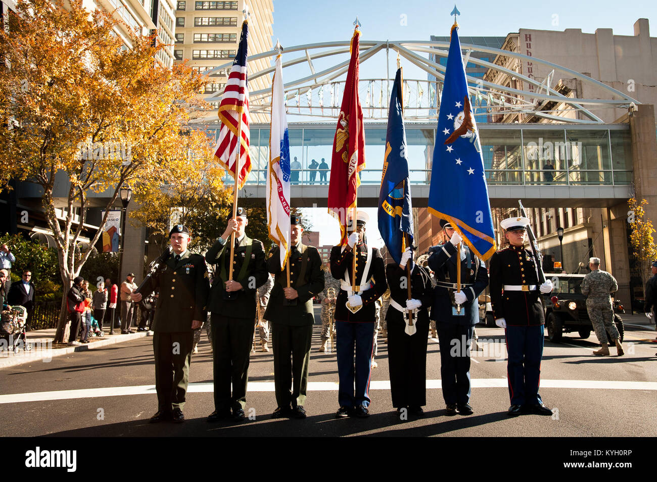 A joint color guard representing every U.S. military service prepares ...
