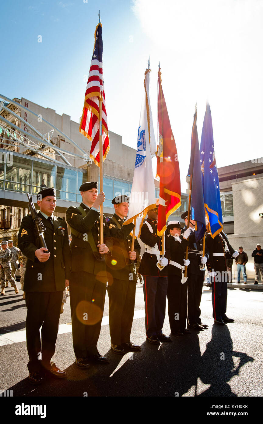 A joint color guard representing every U.S. military service prepares ...