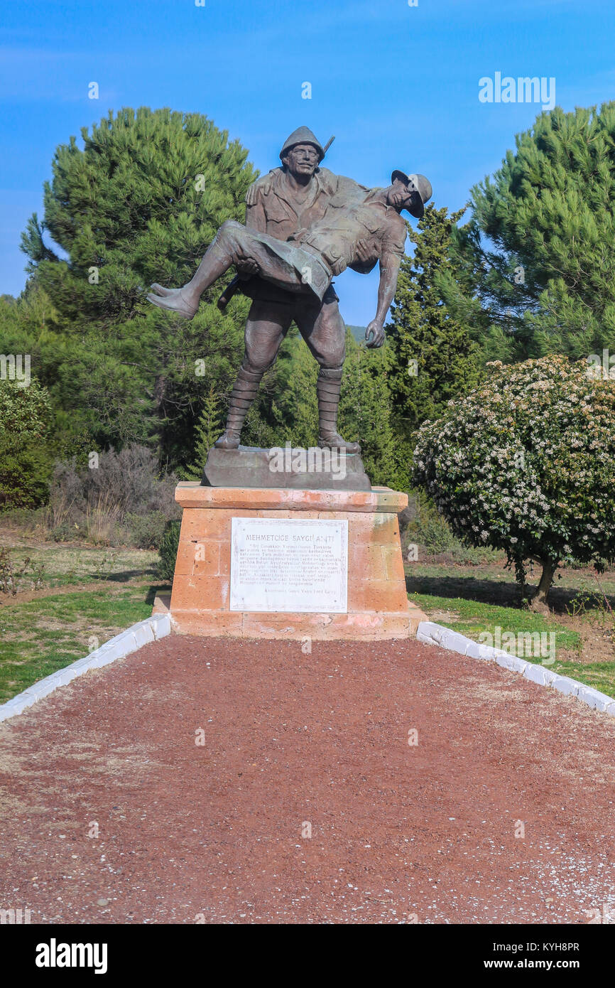 Anzac Cove, Turkey - July 2016: Wounded soldier Statue at the scene of ...