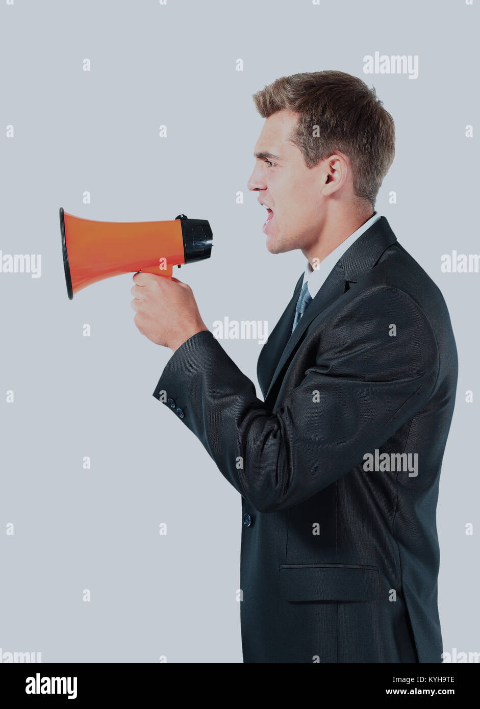 business man screaming loudly in a megaphone Stock Photo - Alamy
