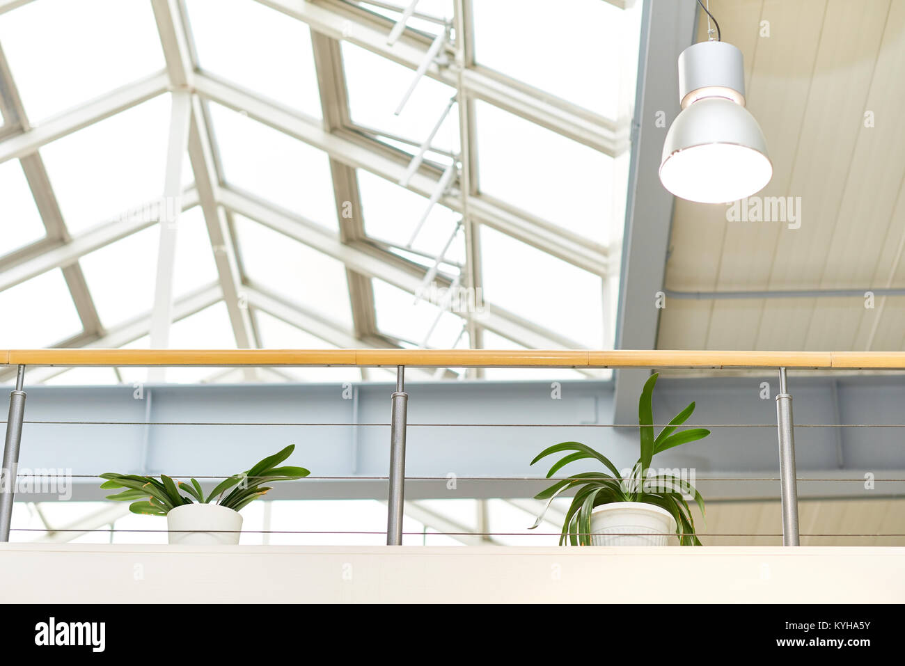 Wide angle shot of modern office building interior, balcony with glass ...